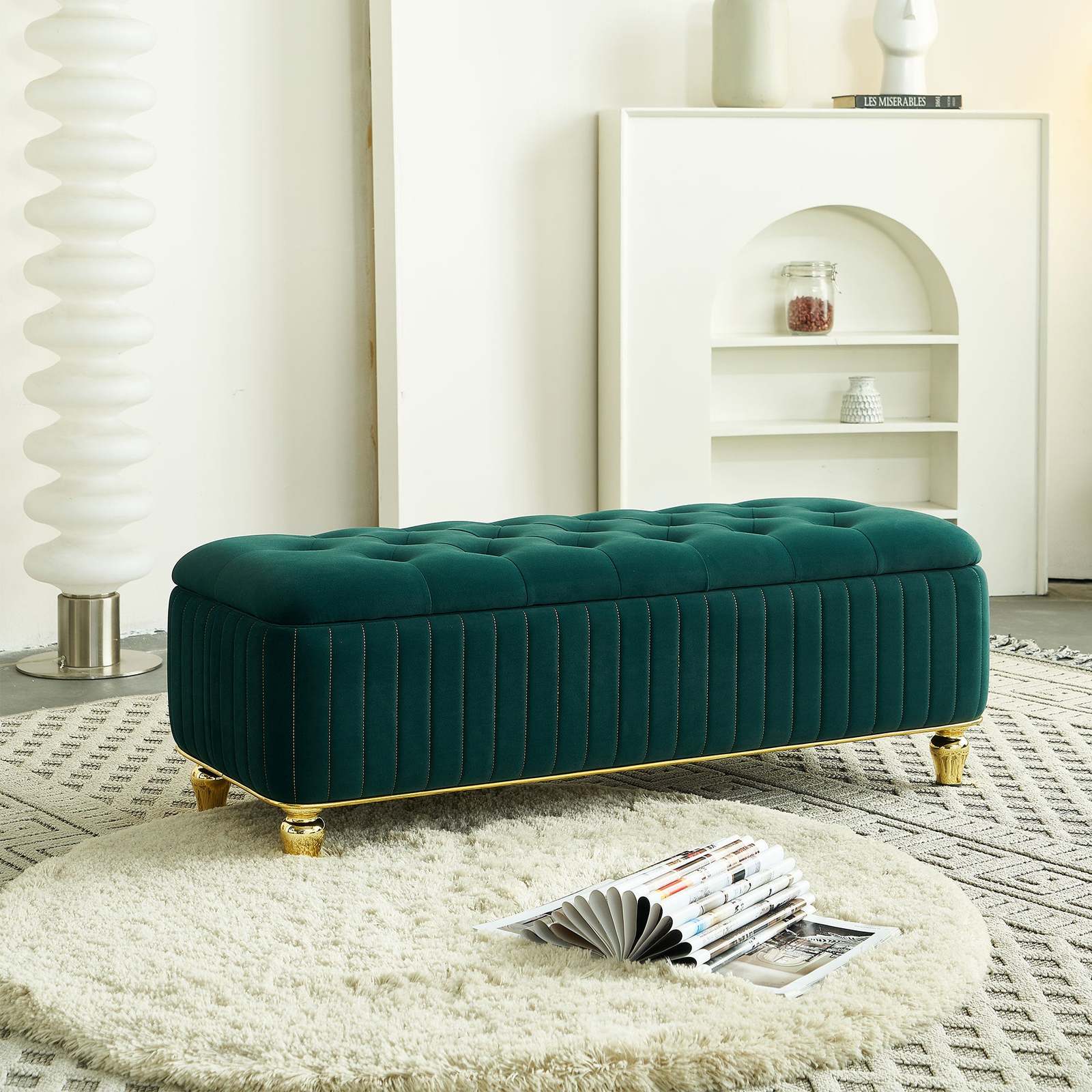 47" Green Velvet Storage Ottoman Bench with Gold Trim & Hinge ...