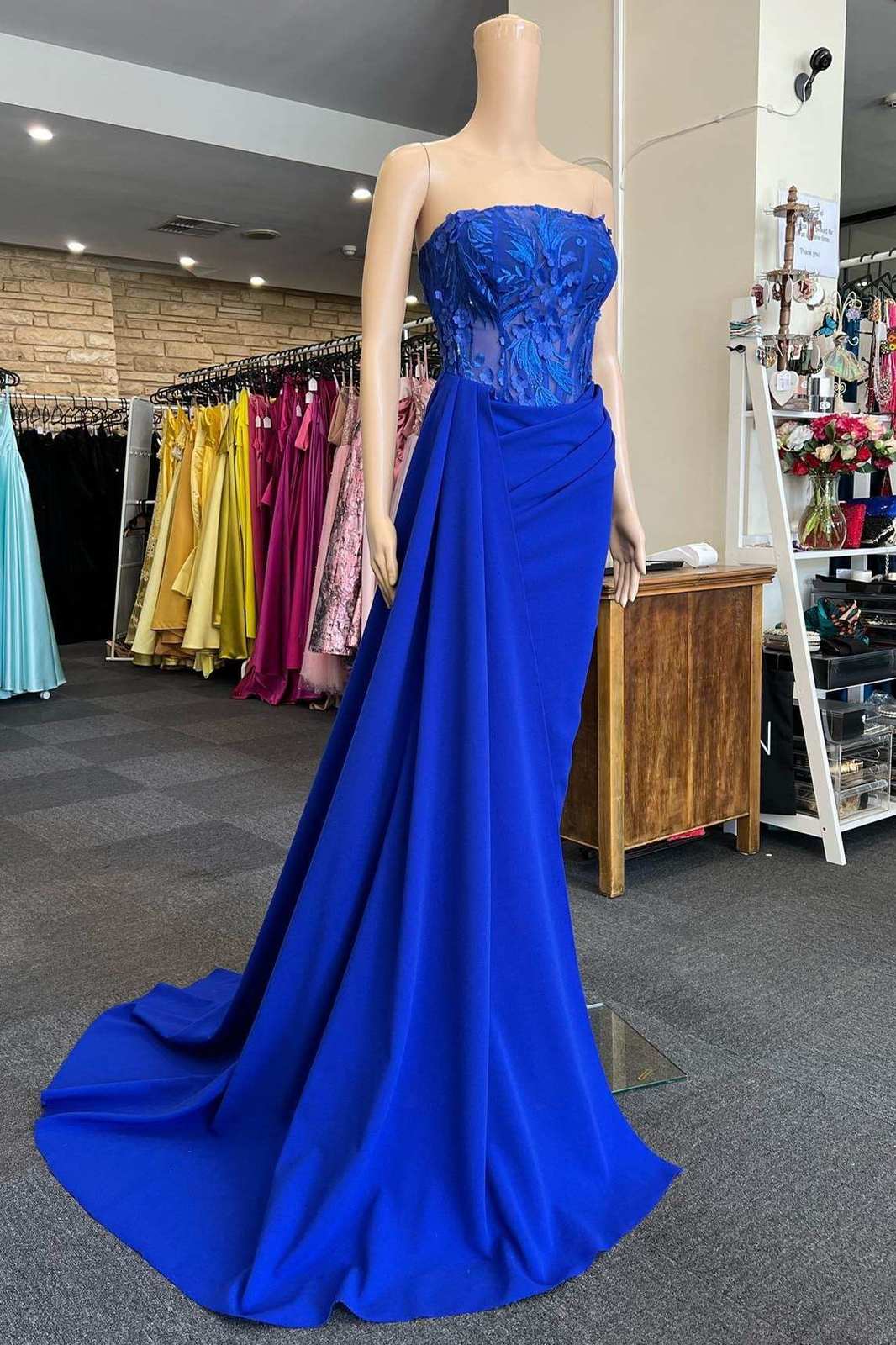 Royal Blue Appliques Strapless Long Formal Gown with Attached Train ...