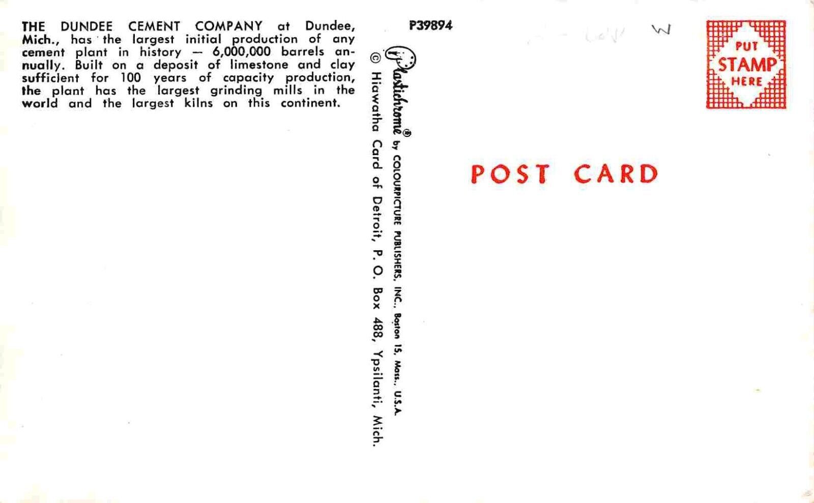 Dundee Cement Co Plant Dundee Michigan 1960s postcard - Topographical Postcards