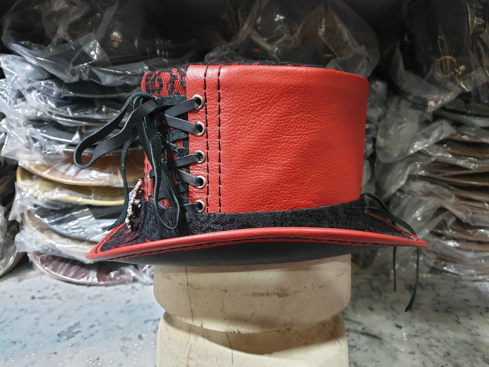 Steampunk Black Crusty Band Red Leather Top Hat - Hats