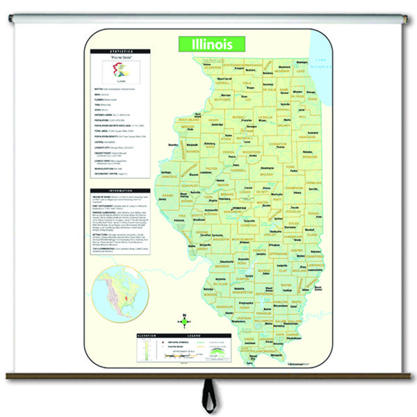 Illinois Large Scale Shaded Relief Wall Map on Roller - Maps & Atlases