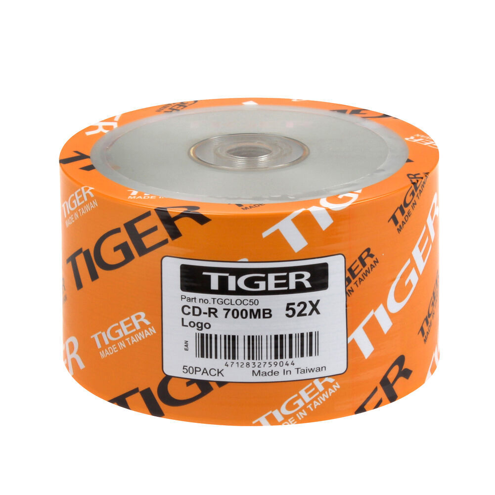 50 Tiger Branded 52X Logo Top Blank CD-R CDR Blank Disc Media 700MB ...