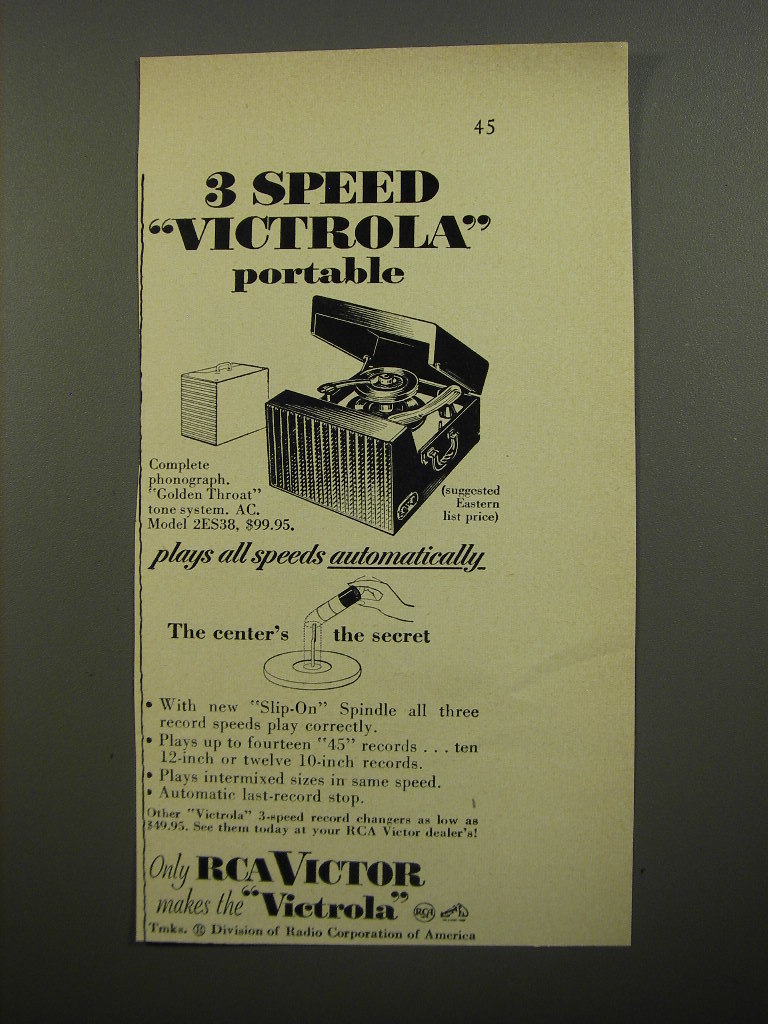 1952 RCA Victor Model 2ES38 Phonograph Ad - 3 Speed Victrola portable ...