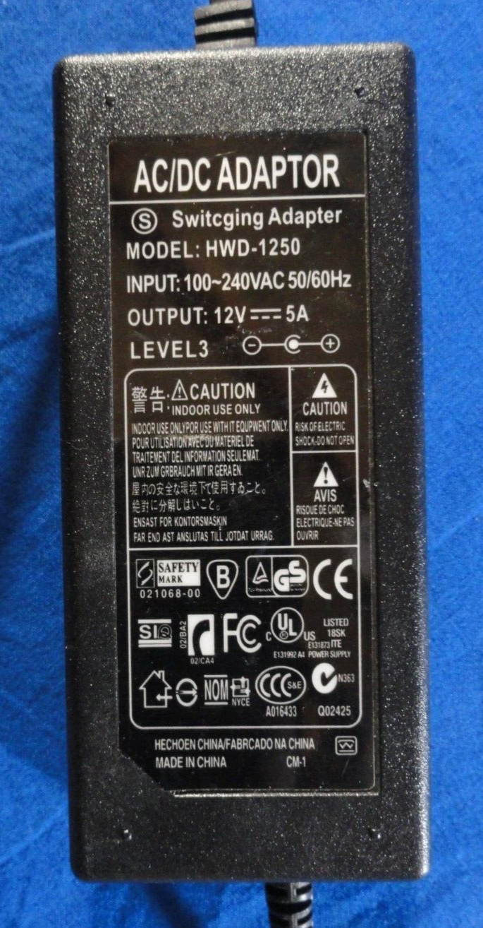 AC/DC ADAPTOR MODEL HWD-1250 LEVEL 3 100-240VAC 50/60Hz 12V 5A CORD ...