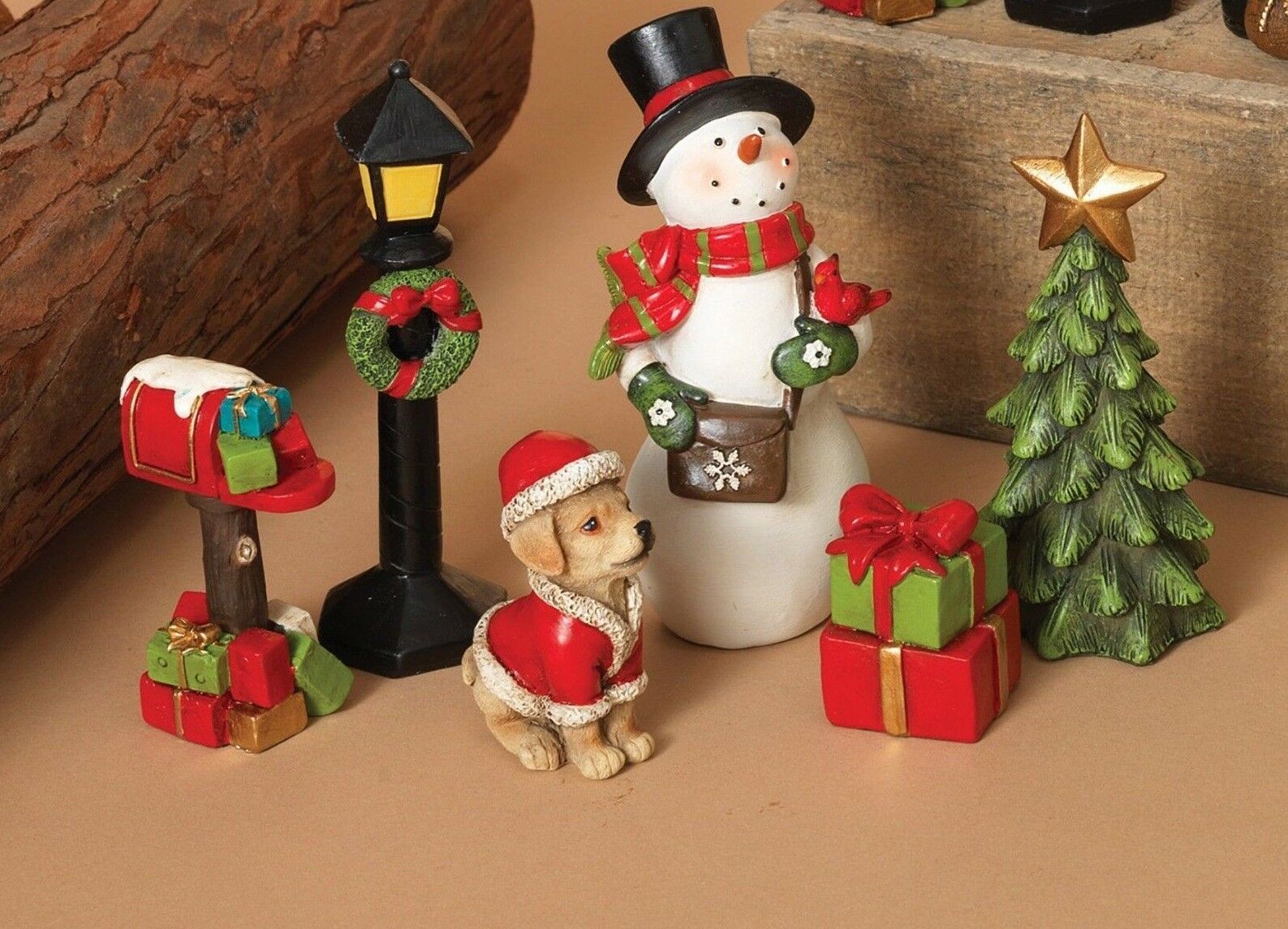 6 PIECE HAND PAINTED RESIN SNOWMAN w/DOG FIGURINE SET CHRISTMAS ...