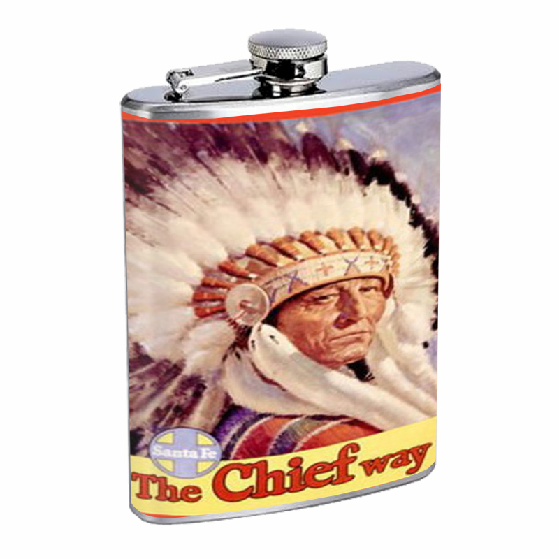 Train Santa Fe Native American Flask 8oz Stainless Steel D-345 - Tobacciana