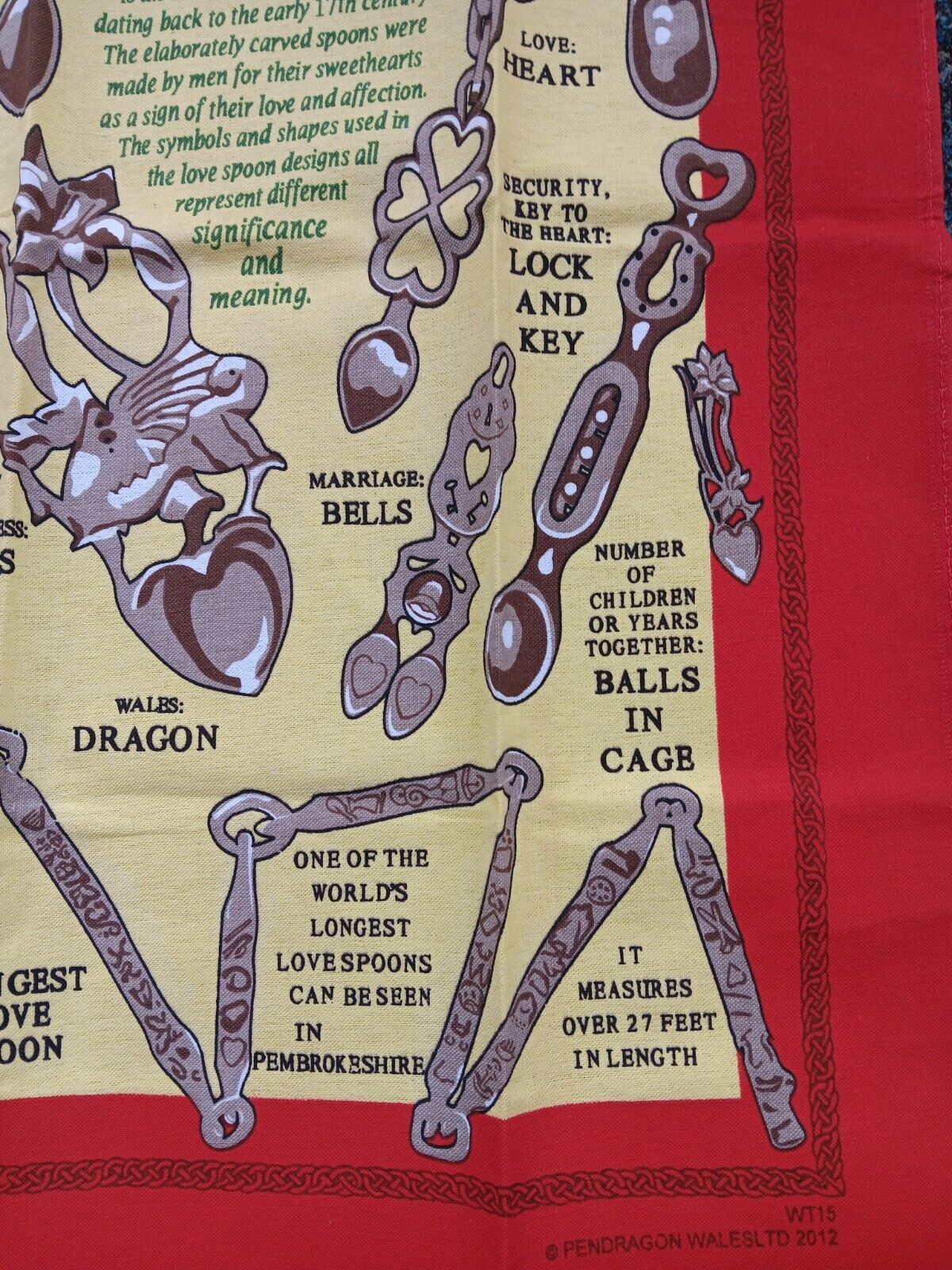 Welsh Love Spoons Tea Towel Messages of Handle Carvings Celtic Dragon ...
