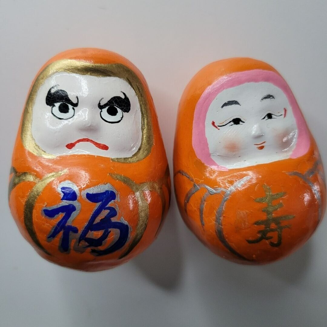 Daruma Doll Pair Orange Happy Angry Emotions Expressive 3 Inch - Dolls
