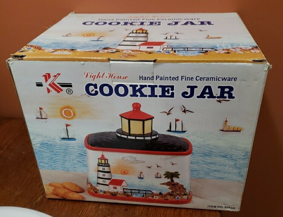 New matching ceramic lighthouse cookie jar, bread box & 3 piece canister set - Canisters & Jars