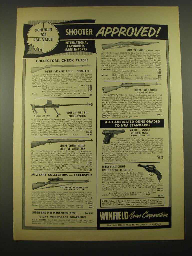 1957 Winfield Arms Ad - Berdan II Rifle, Boyes Anti-Tank Rifle, Mauser ...