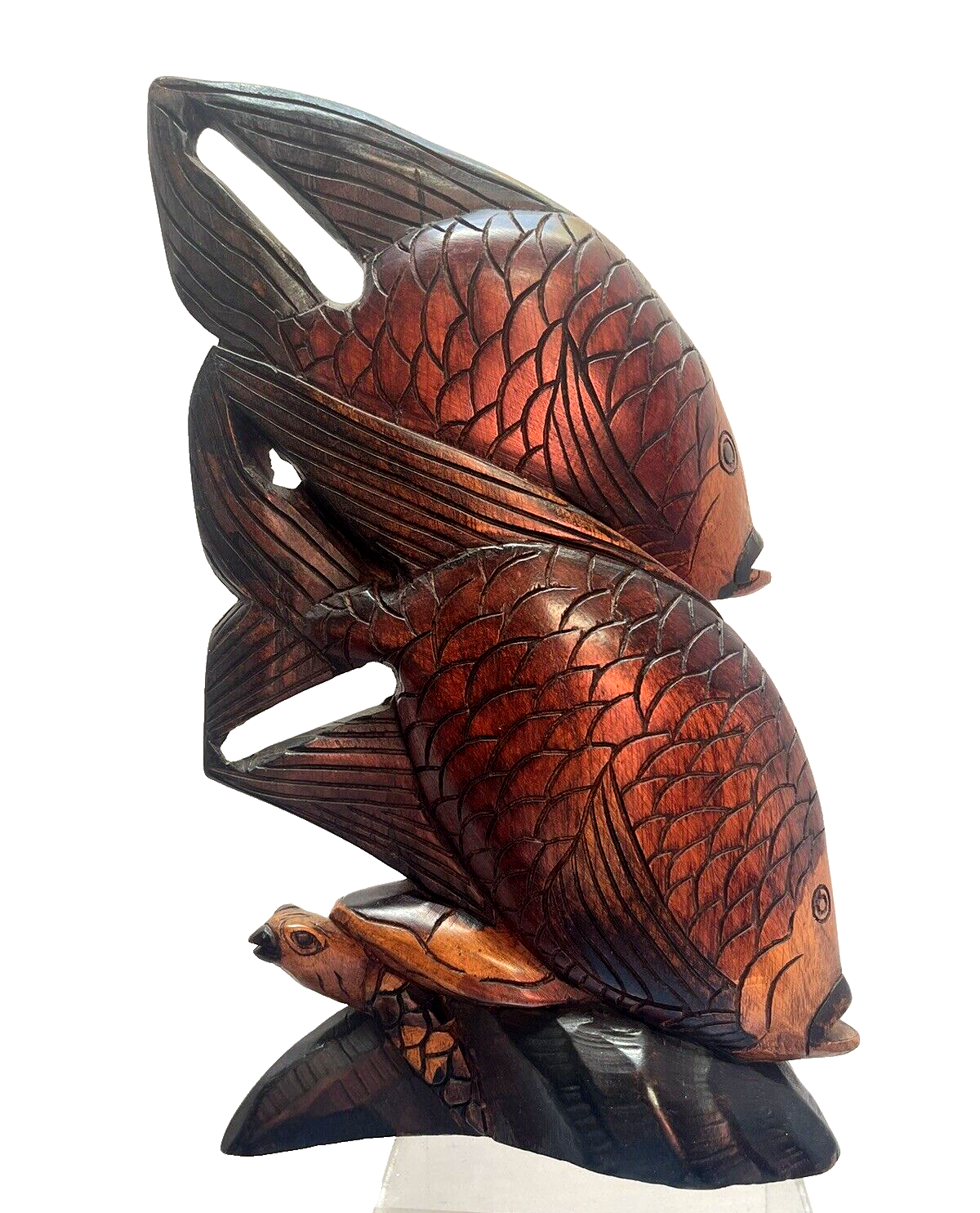 Hand Carved Tropical Fish on Turtle Figurine 15in Heavy Solid Wood ...
