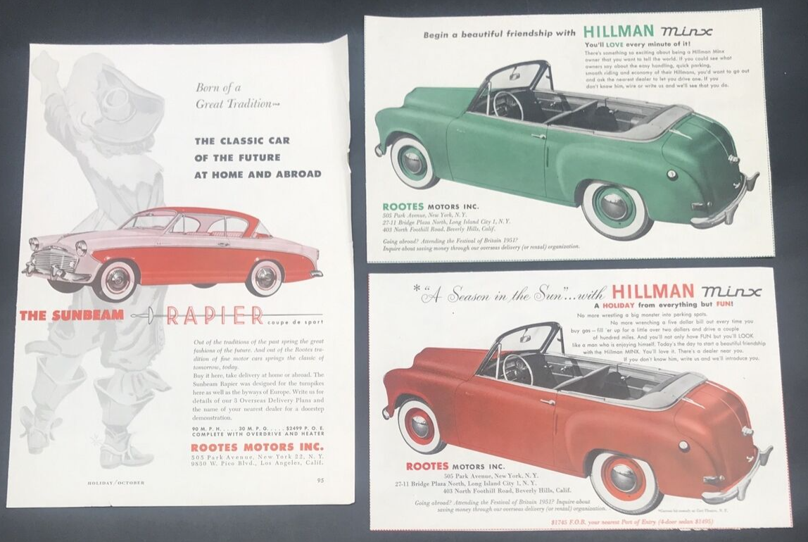 3 VTG 1950s Rootes Motors Red & Green Hillam Minx & Sunbeam Rapier ...