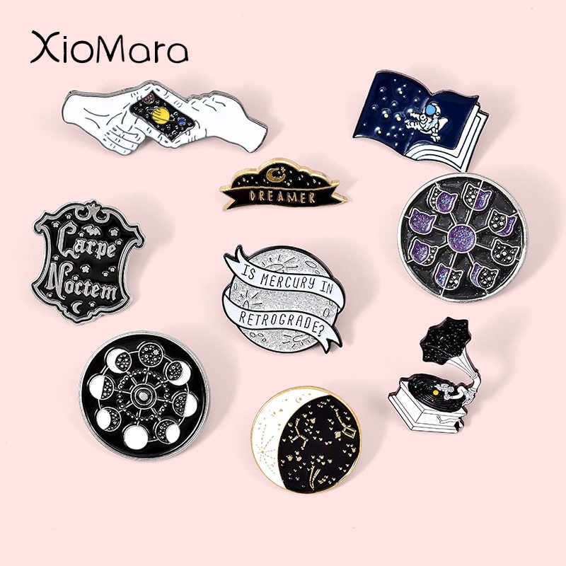 Starry Sky Enamel Pin Space Badge Night Moon phase Mercury Planet ...