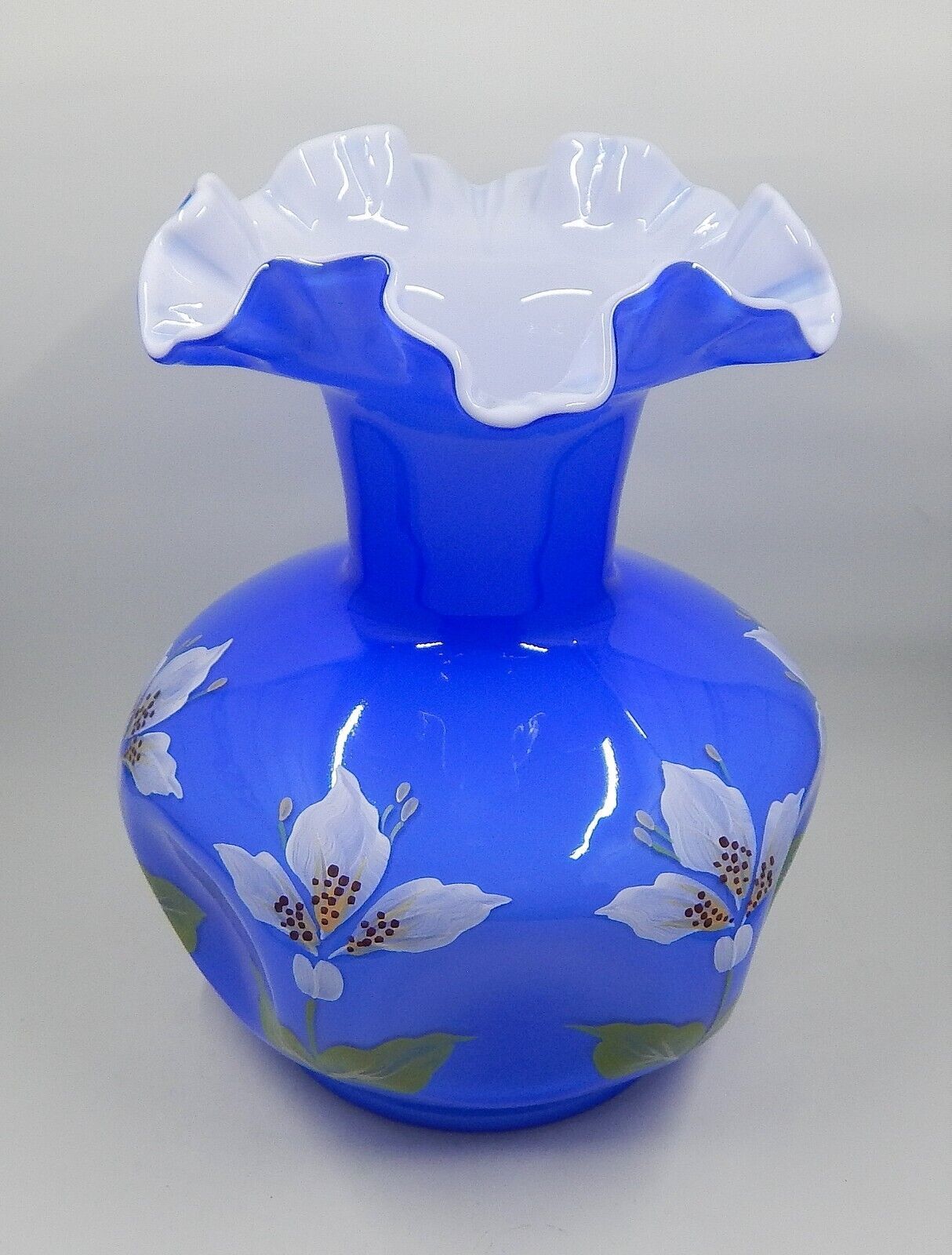 Fenton Blue Overlay Cased Glass White Hand-Painted Flowers Pinched ...