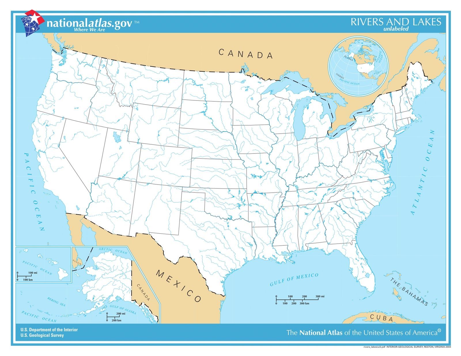 USA Rivers and Lakes (unlabeled) Laminated Wall Map - Maps & Atlases