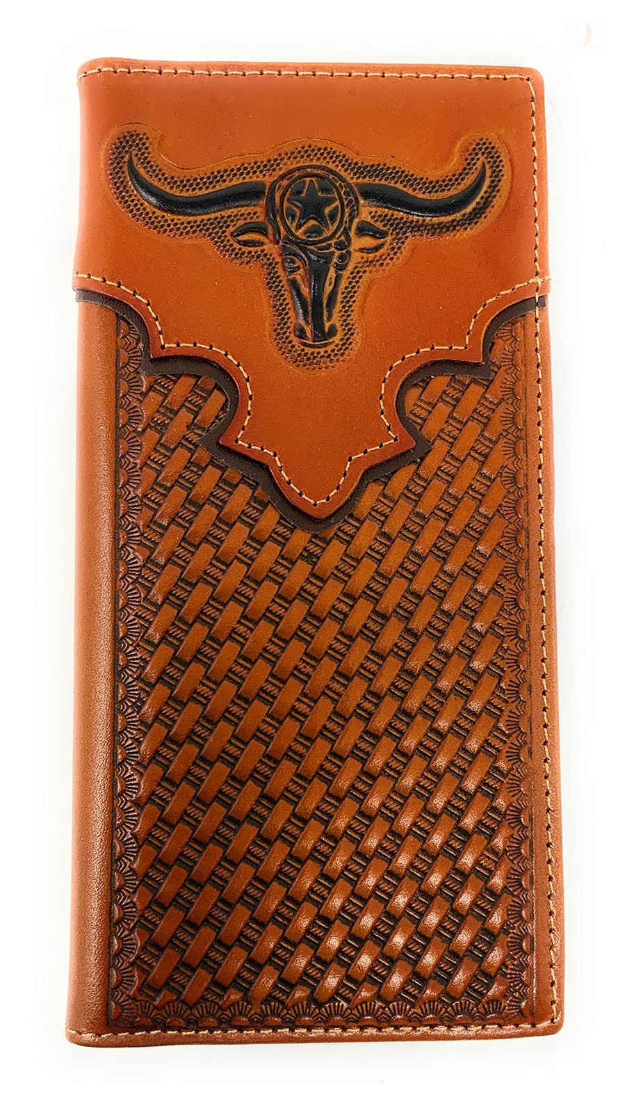 Western Genuine Leather Longhorn Tooled Laser Cut Men's Long Bifold ...