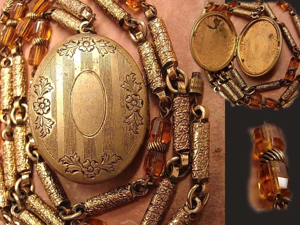 ANtique Art Deco Golden citrine Locket necklace - Necklaces & Pendants