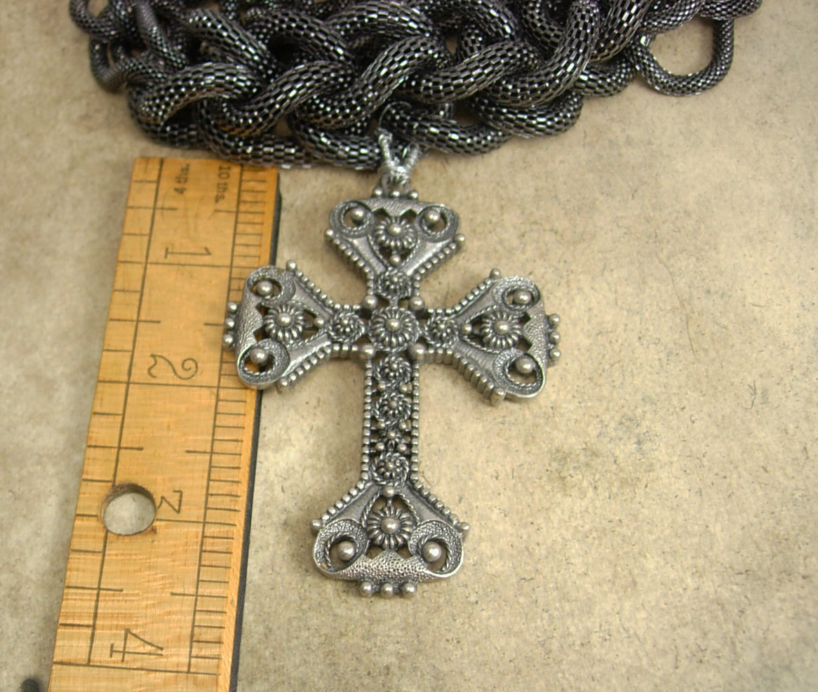 Rosary Necklace Huge Gothic Cross Etruscan gunmetal snake chain ...