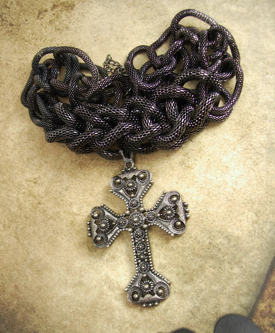 Rosary Necklace Huge Gothic Cross Etruscan gunmetal snake chain ...