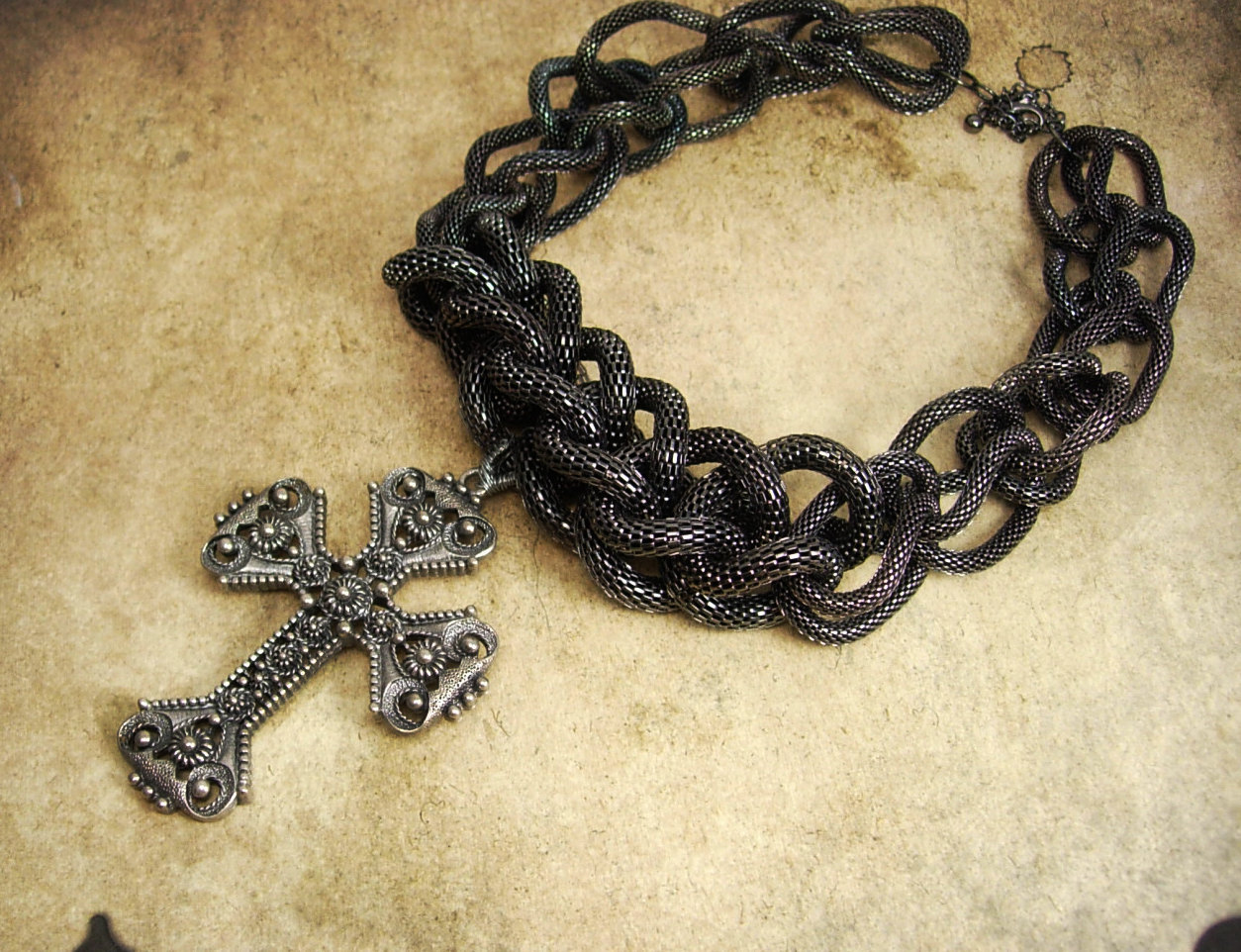 Rosary Necklace Huge Gothic Cross Etruscan gunmetal snake chain ...