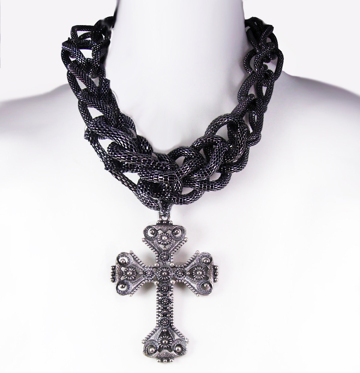 Rosary Necklace Huge Gothic Cross Etruscan gunmetal snake chain ...