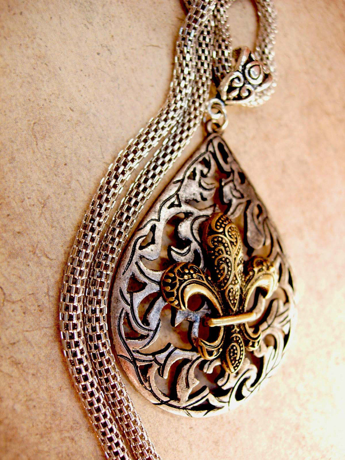 Gothic medieval Fleur de lis Necklace with Snake chain - Vintage ...