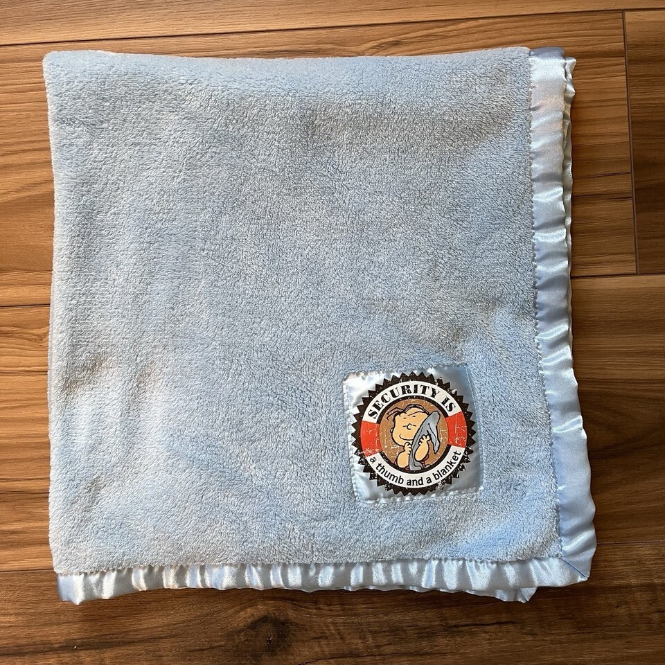 Peanuts Linus Blue Satin Trim Baby Blanket Plush Security Is A Thumb ...