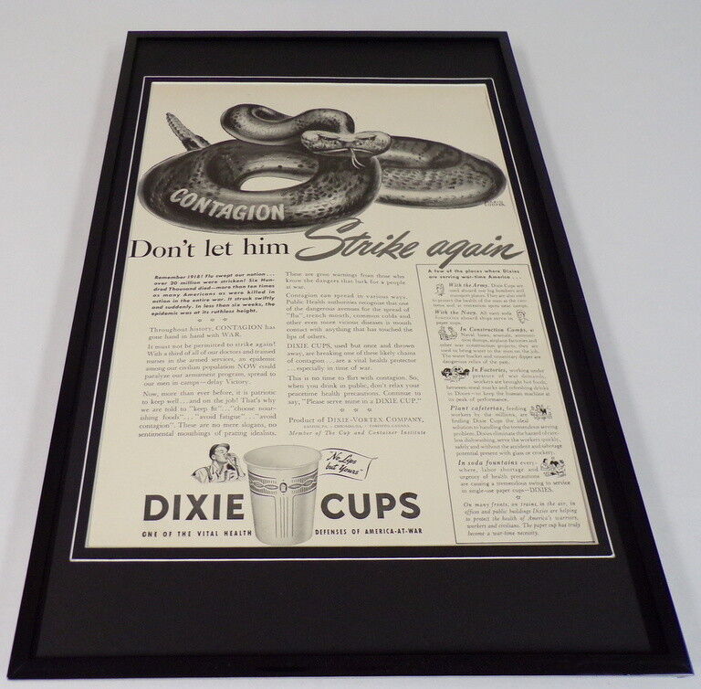 1942 Dixie Cups / Snake Framed 11x17 ORIGINAL Vintage Advertising ...