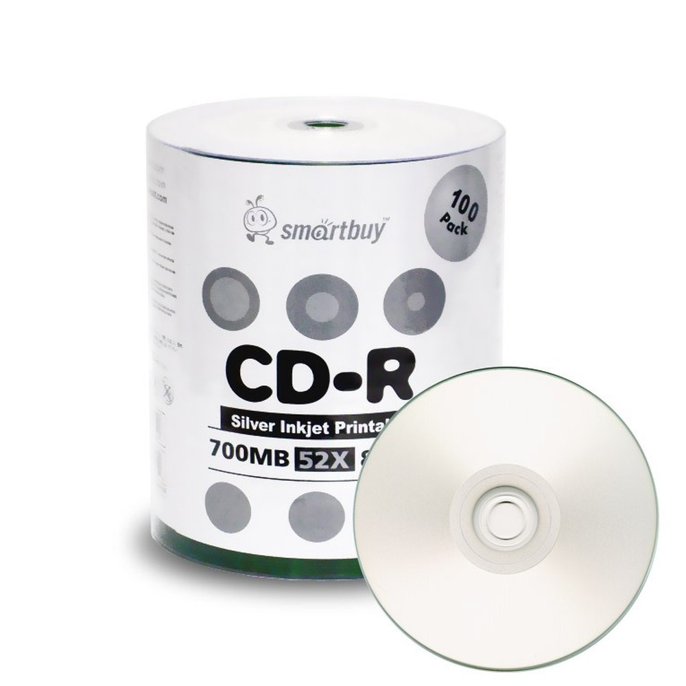 100 Pack Smartbuy 52X CD-R 700MB 80Min Silver Inkjet Printable Blank ...