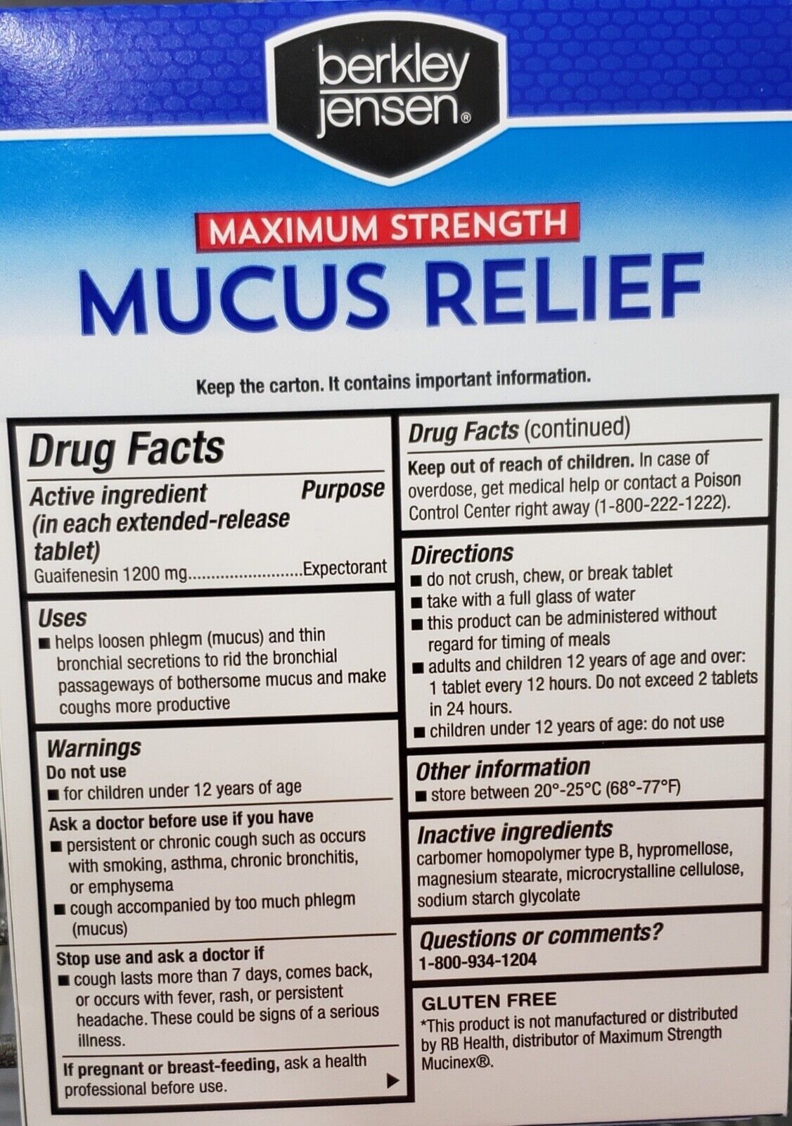 NIB Berkley Jensen Mucus Relief Max Strength Guaifenesin 1200mg 56ct ...