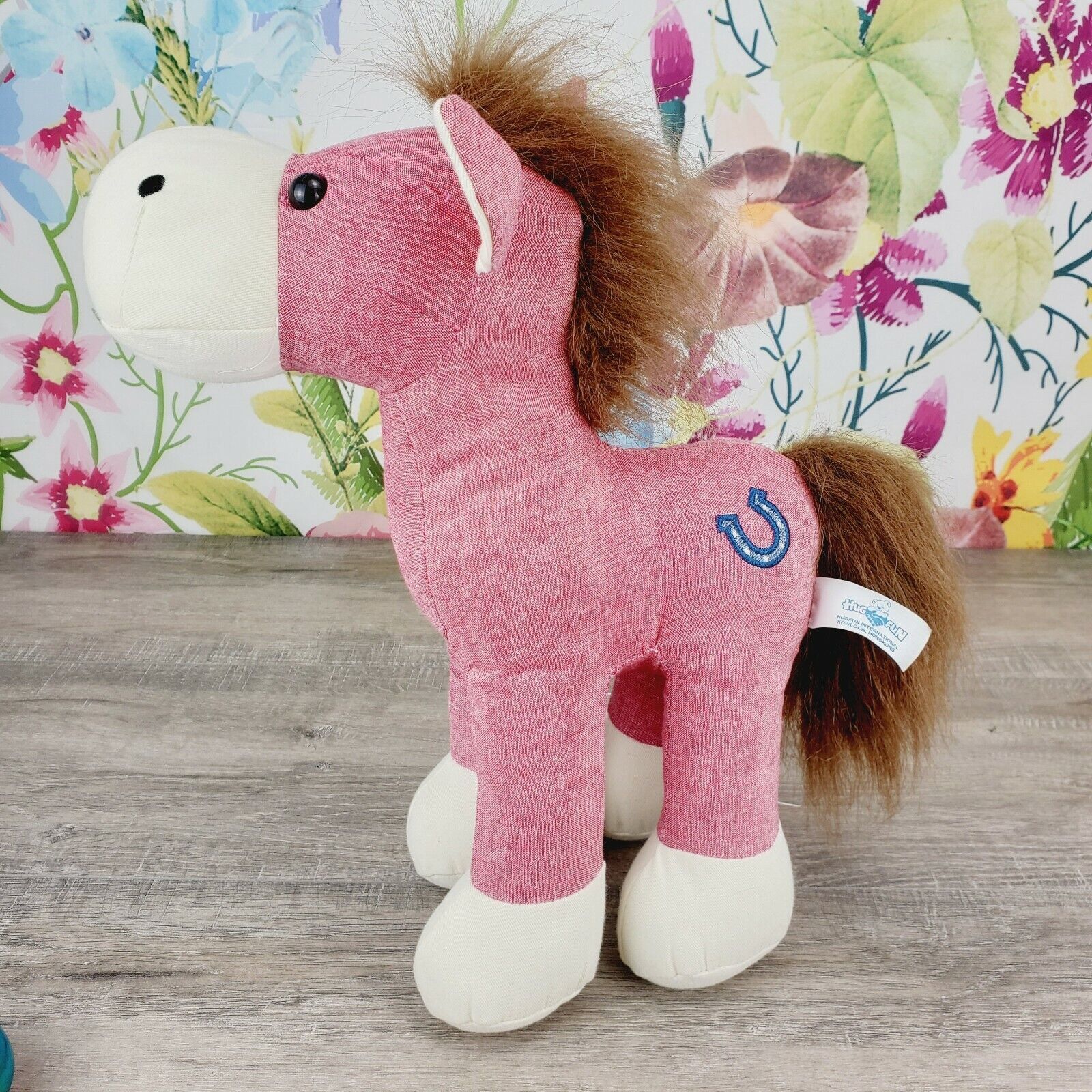 Rare HugFun Donkey Pony Horse Plush 14" Red Horseshoe Patch Linen Cavas ...