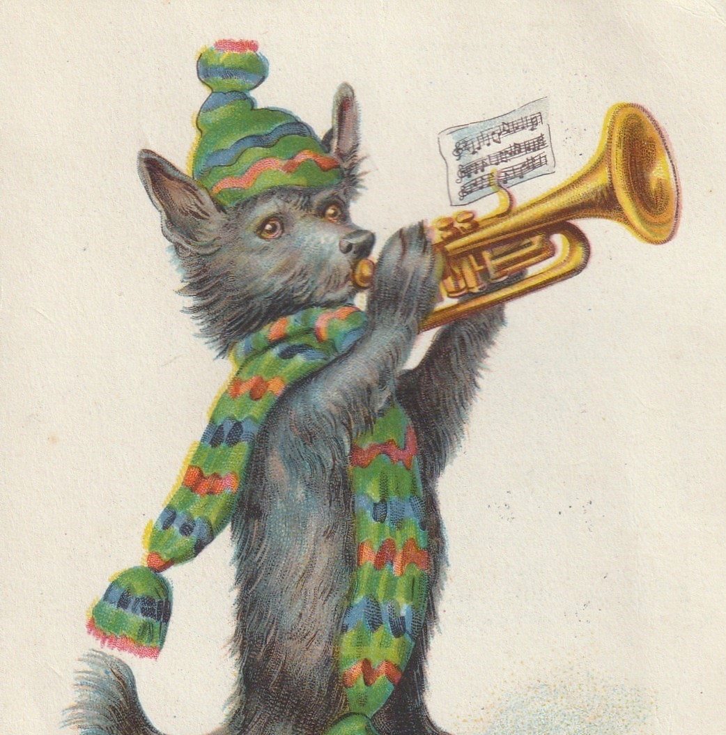 Anthropomorphic Black German Shepherd Playing a Trumpet Vintage ...