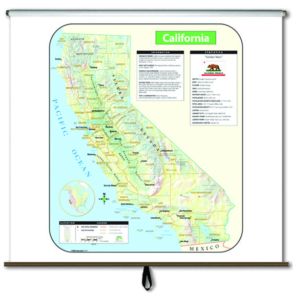 California Large Scale Shaded Relief Wall Map on Roller - Maps & Atlases