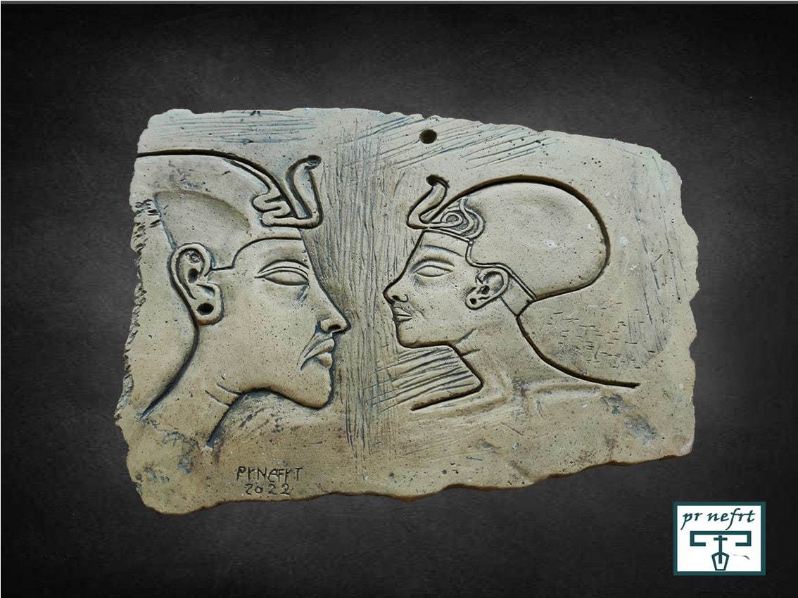 Bas-relief portraying Amenhotep IV Pharaoh tje king Akhenaten, and ...