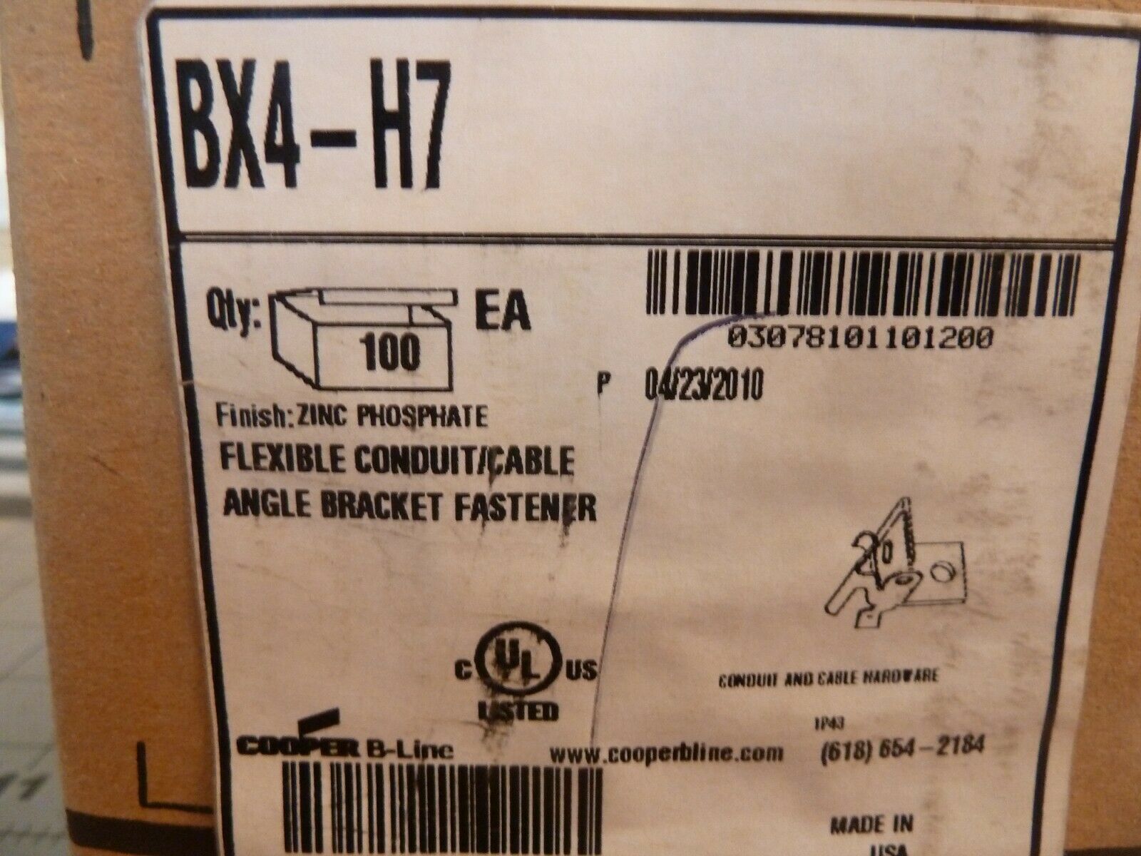 Box of 100 Cooper B-LINE BX4-H7 Flexible Conduit / Cable Angle Bracket ...