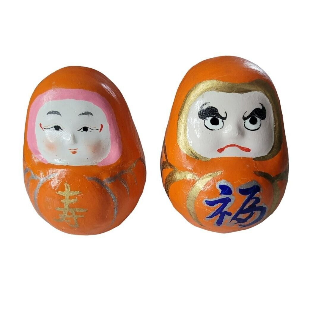 Daruma Doll Pair Orange Happy Angry Emotions Expressive 3 Inch - Dolls