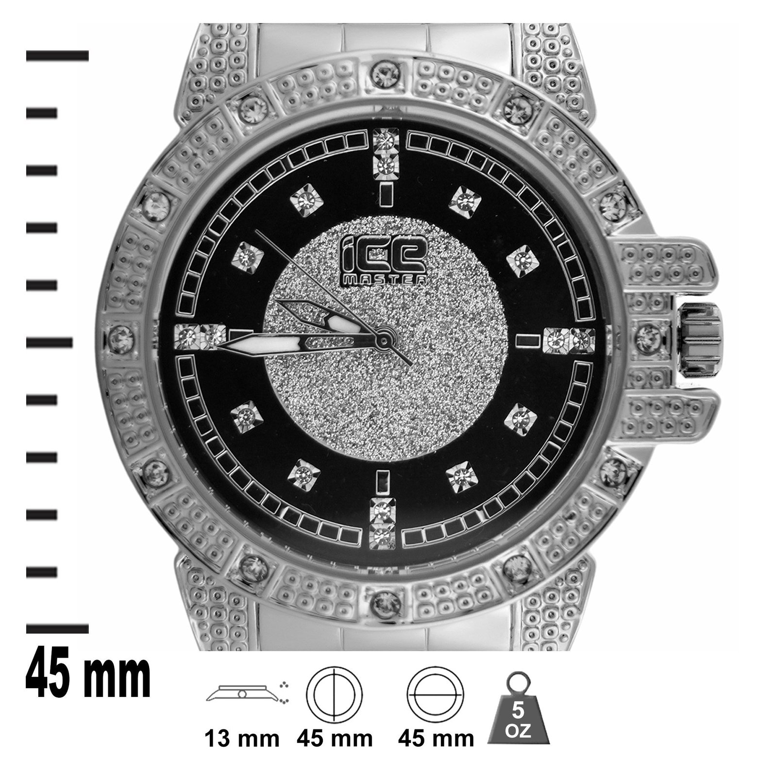 Black Pave Dial Side Bar Classic Bling Metal Watch - Watches