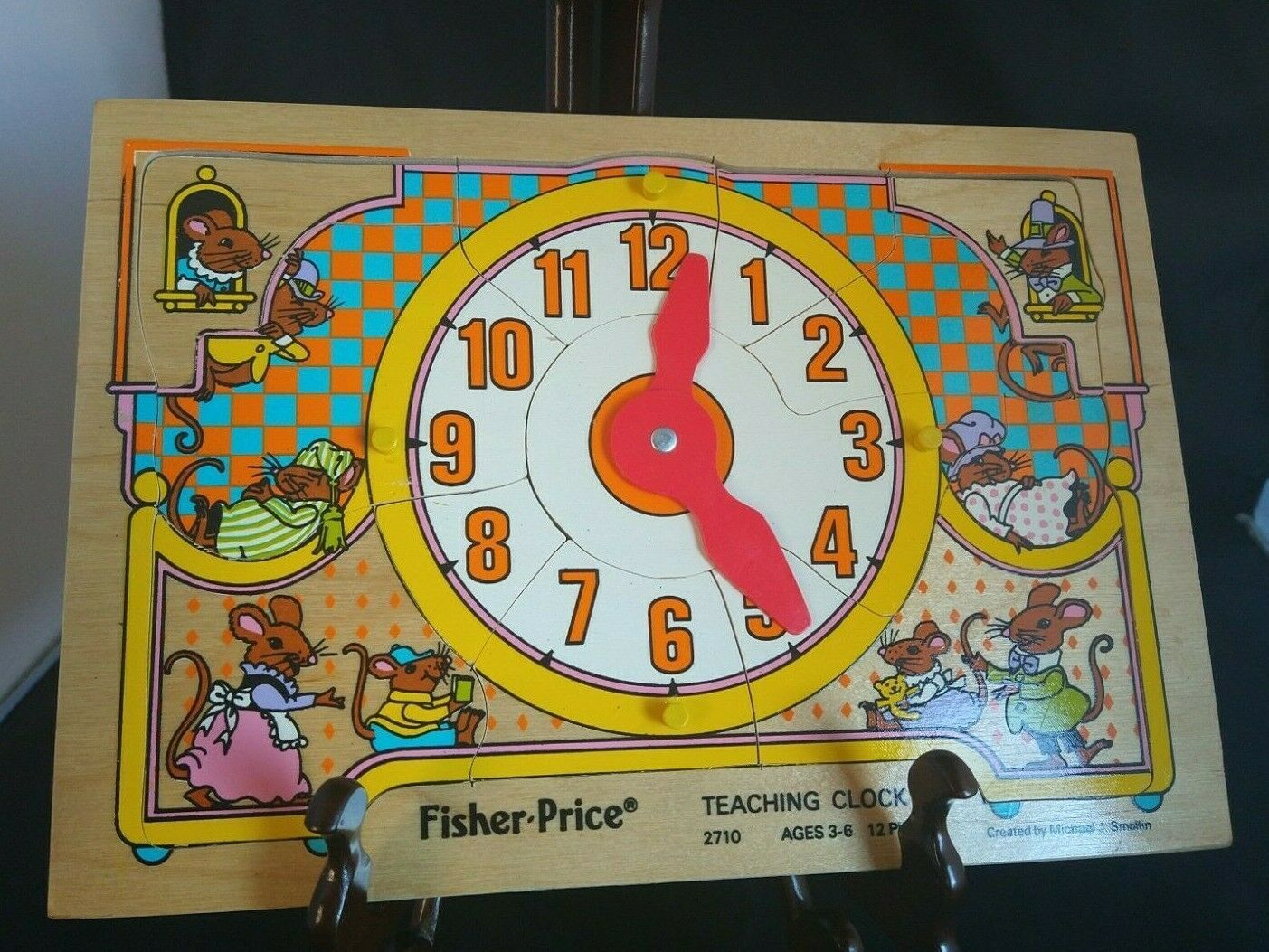 1980s Fisher Price Wooden Teaching Clock Puzzle 12 Pieces Pickup and ...