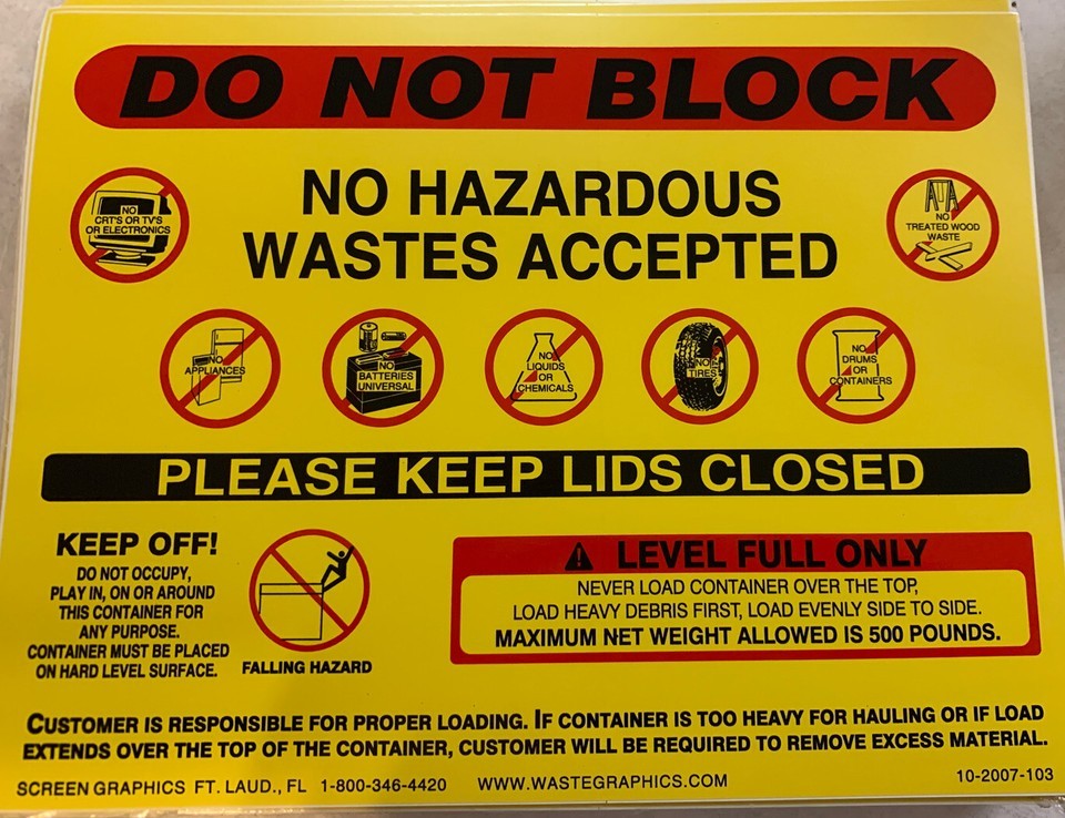 (Lot Of 10) Do Not Block Dumpster Sign Decal Hazard Waste Caution ...