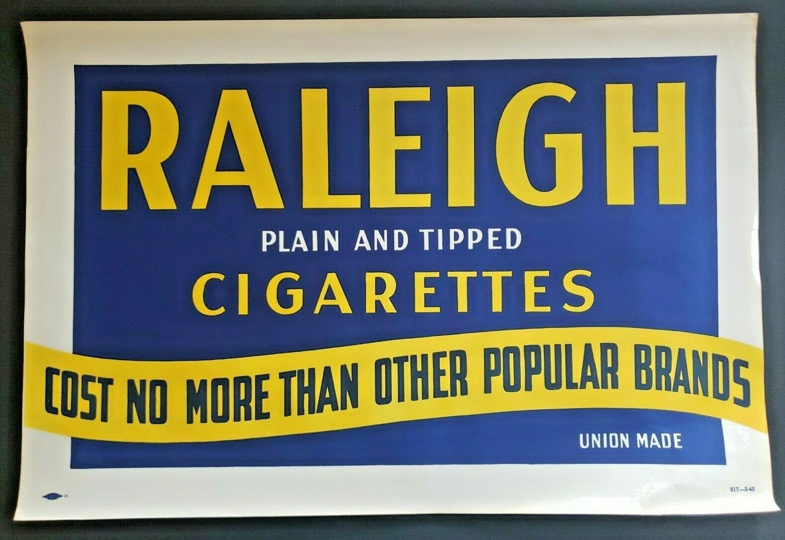 1940's Raleigh Cigarette Store Sign / Poster 18" x 12" NOS WS9B - Signs