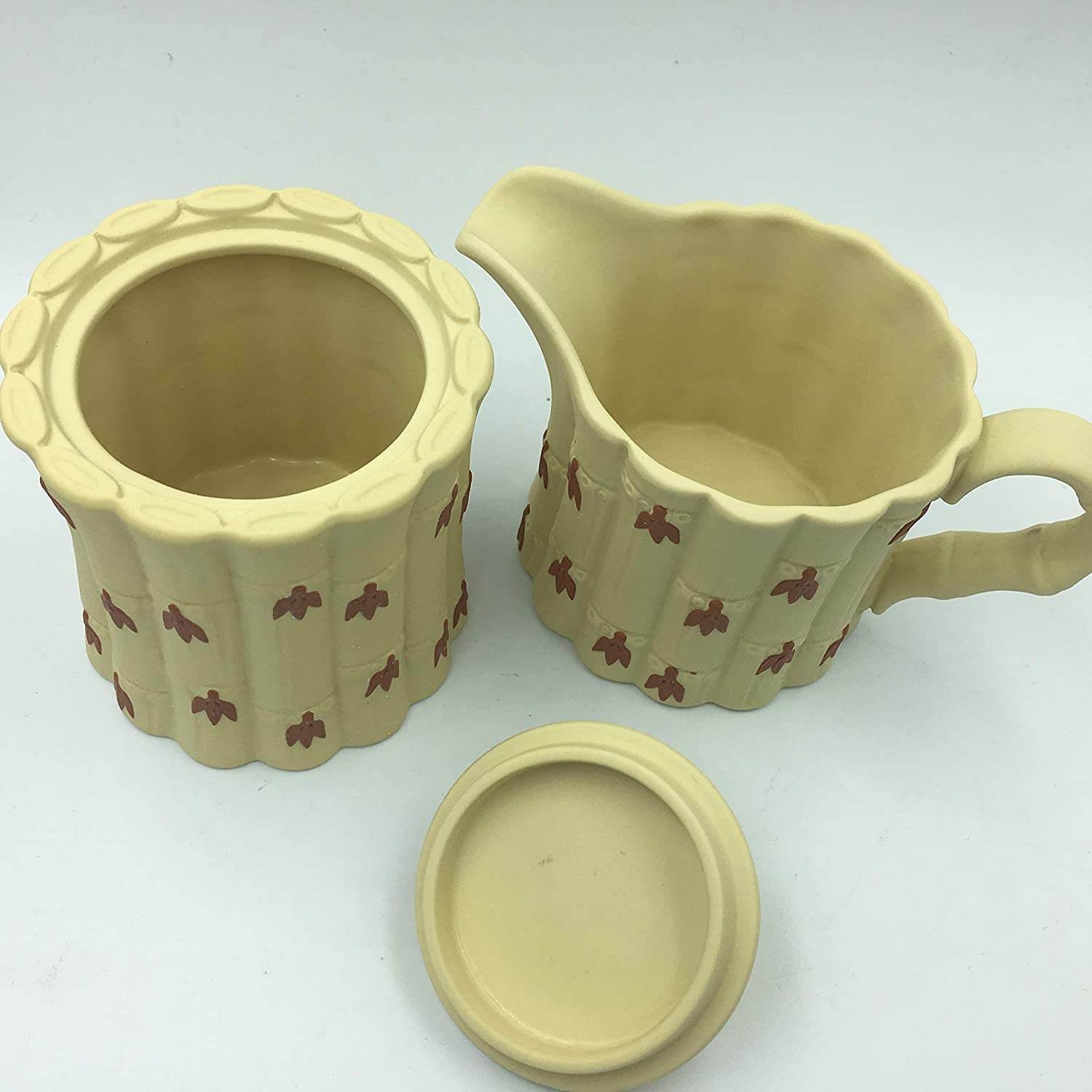 Wedgwood Primrose Terracotta Jasper Bamboo Sugar Bowl Lid And Ceamer Set