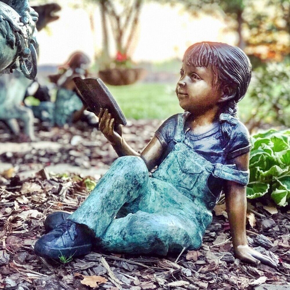 Bronze Little Girl Reading Book Tabletop Sculpture - Art Sculptures