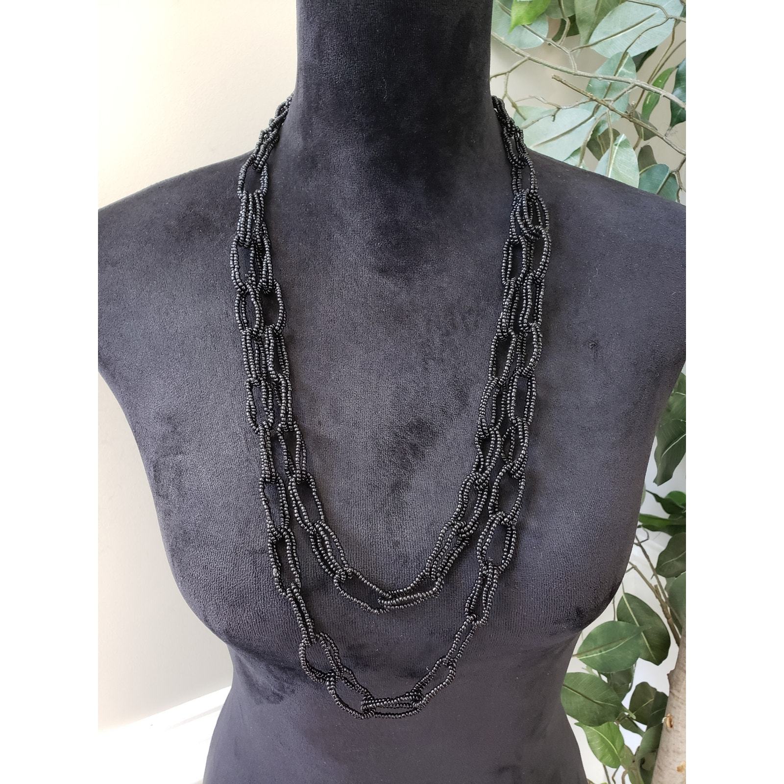 Women Fashion 2 Strand Black Seed Bead Chain Necklace Jewelry with ...