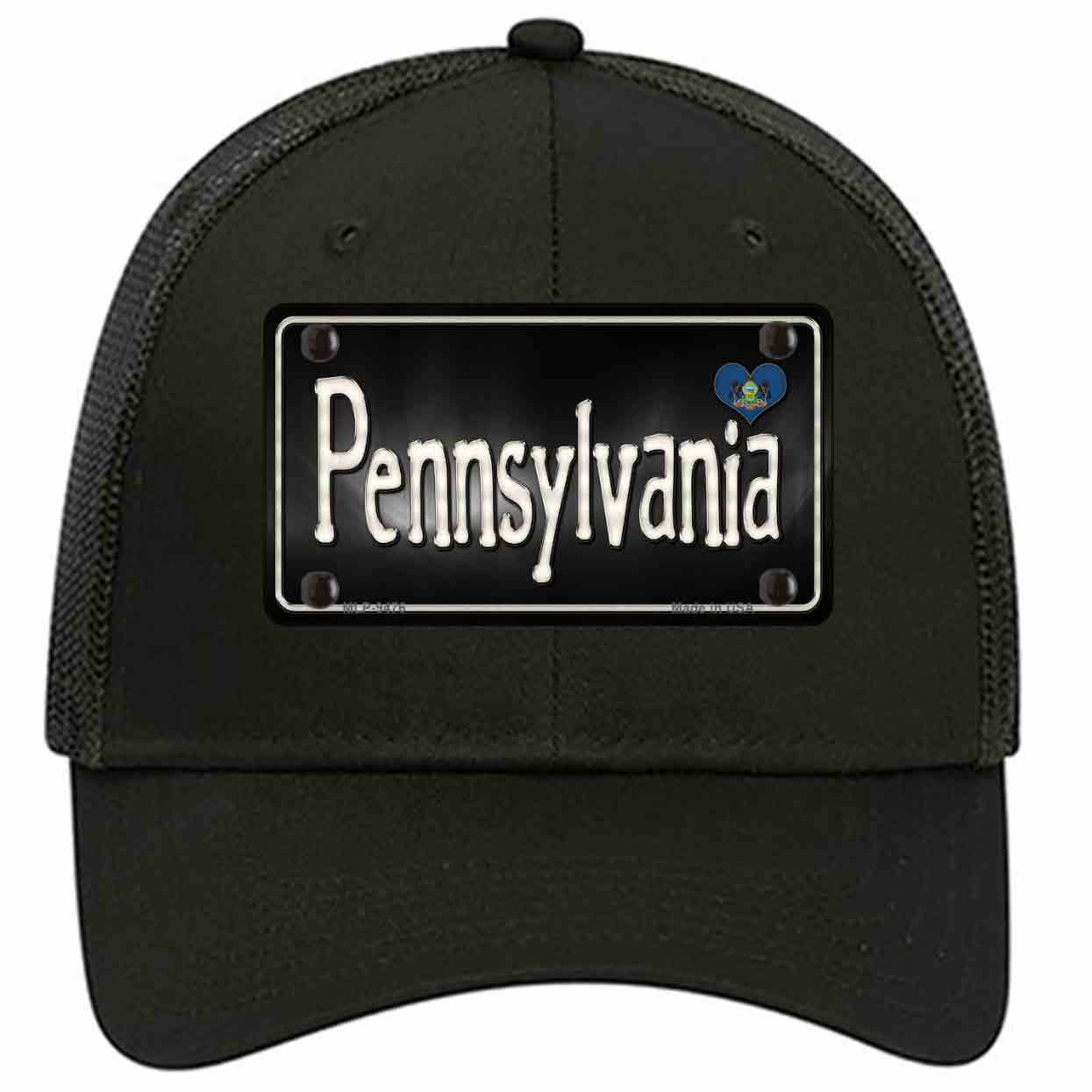 Pennsylvania Flag Script Novelty Black Mesh License Plate Hat - Hats