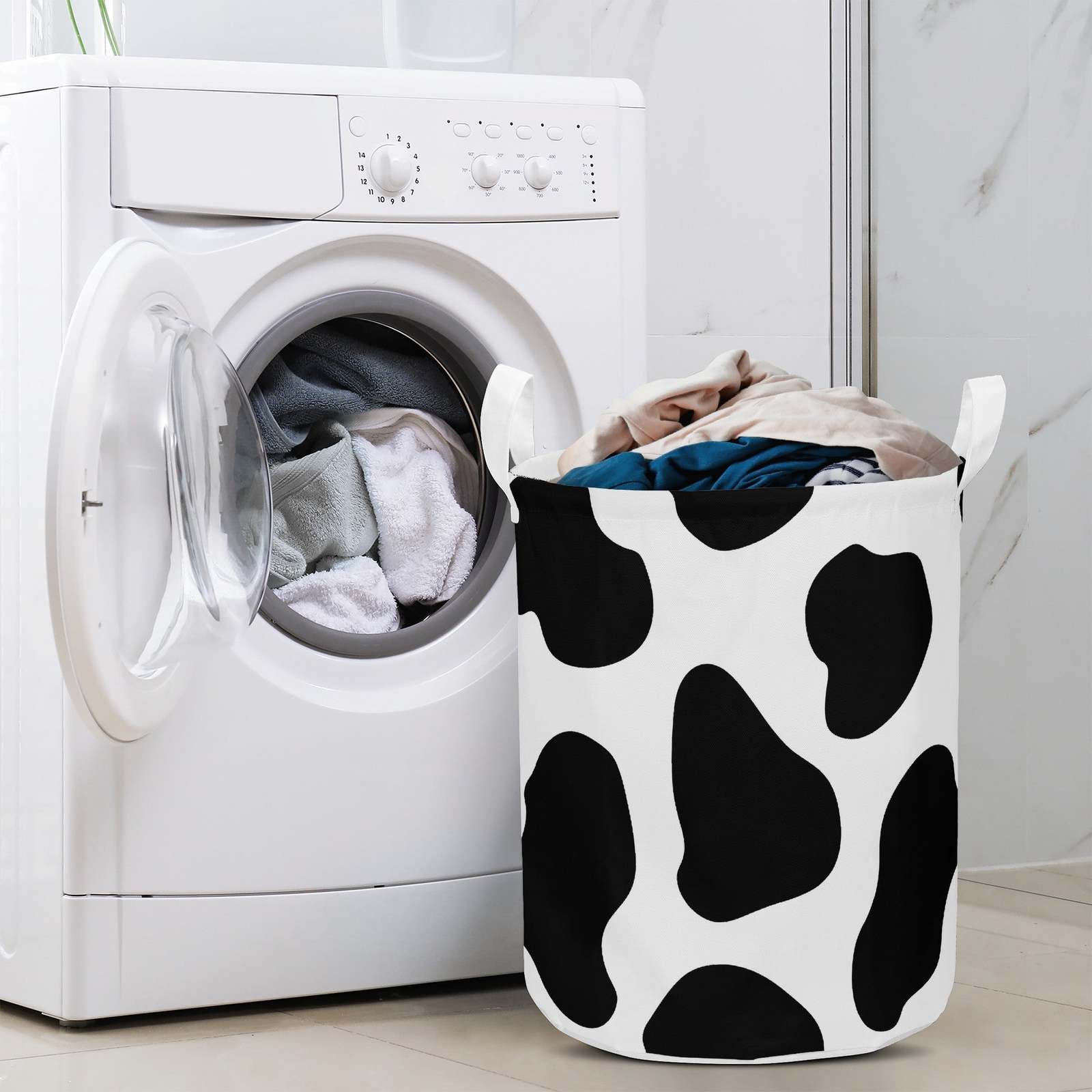 Round Laundry Basket Cow print black and white - Bathroom Baskets & Storage