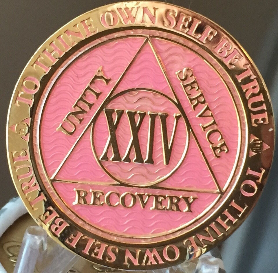 24 Year AA Medallion Pink Gold Plated Alcoholics Anonymous Sobriety ...