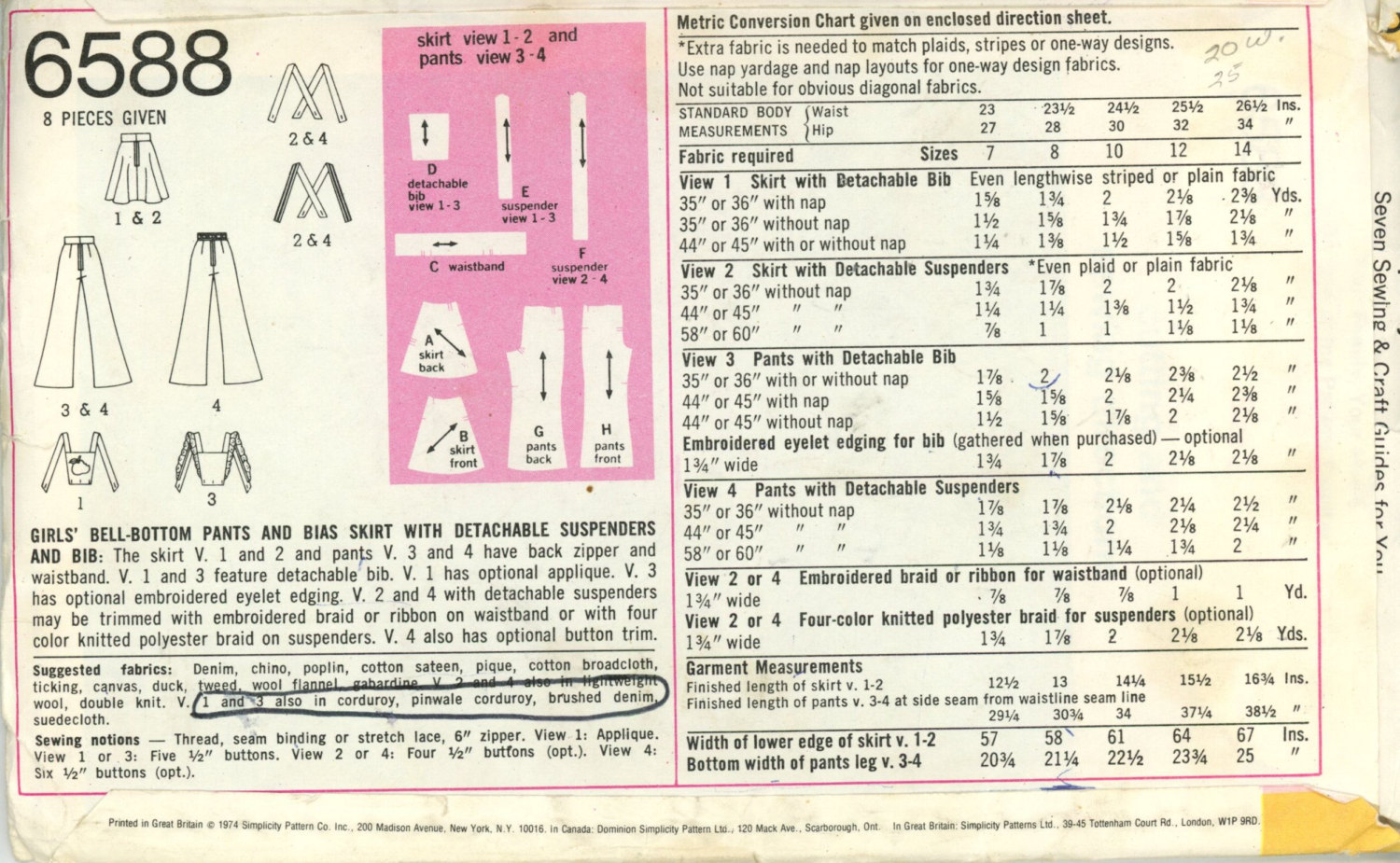 Vintage 1974 Simplicity 6588 Girl's Retro Bell Bottom Pants & Flare ...