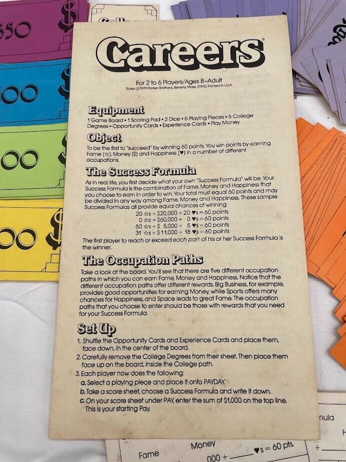 1979 Careers Board Game Replacement Pieces Cards Money Score Cards ...