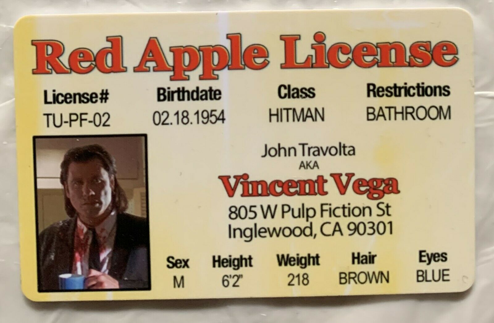 Vince Vega Pulp Fiction Movie John Travolta Red Apple ID License Prop ...
