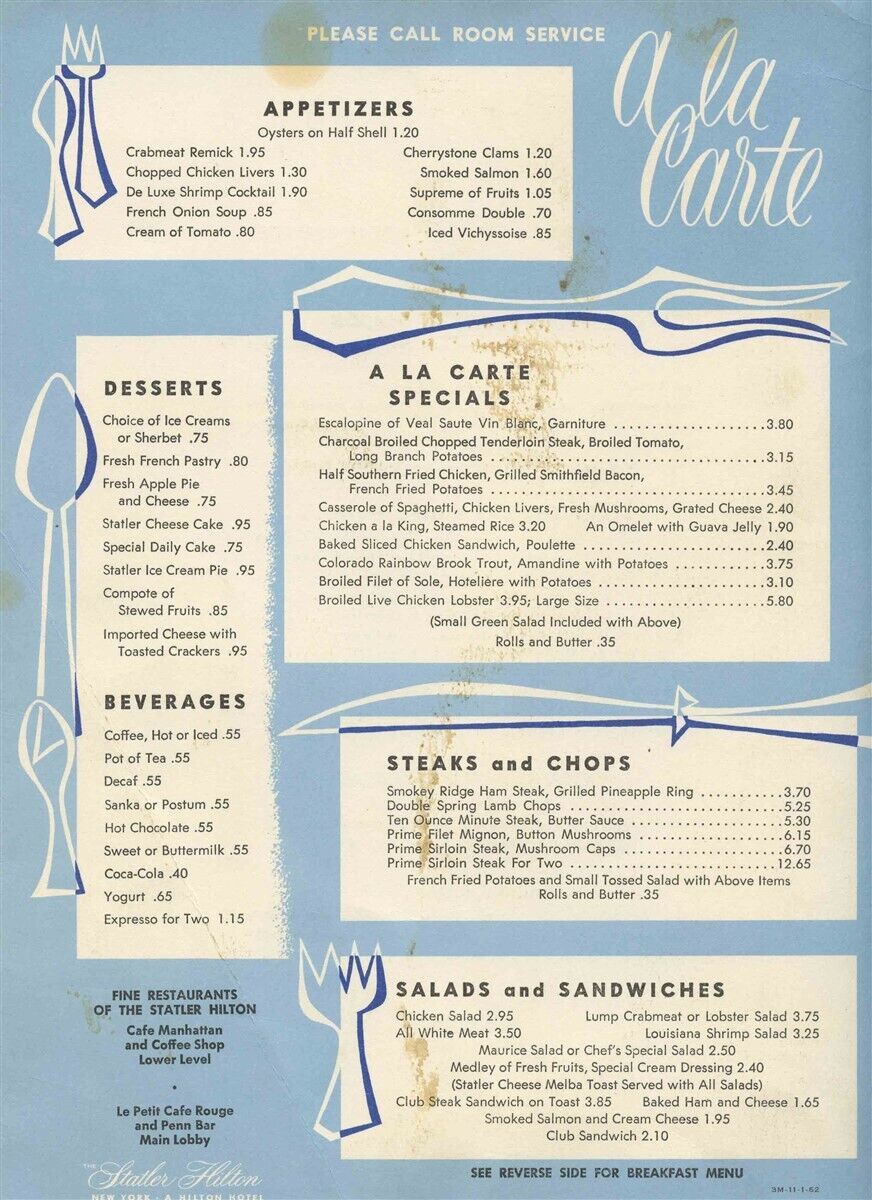 Statler Hilton Hotel 1962 Breakfast Menu and Host Magazine New York ...